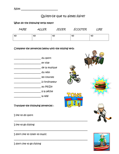 Qu'est-ce que tu aimes faire? - Handout | Teaching Resources
