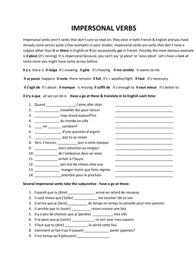Impersonal verbs in French | Teaching Resources