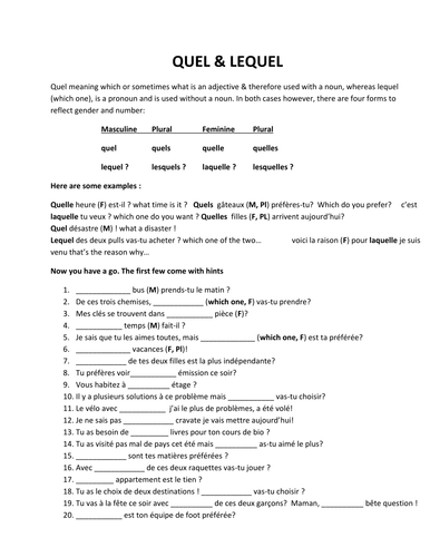 Quel & lequel | Teaching Resources