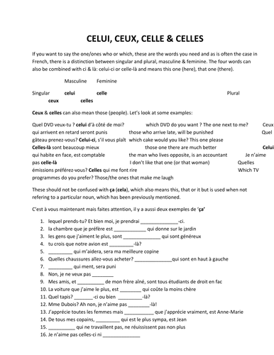 celui; ceux; celle & celles | Teaching Resources