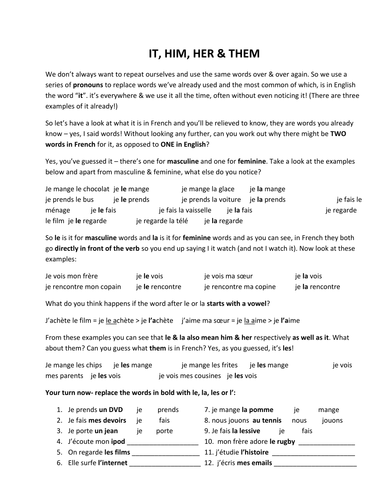 Direct Object Pronouns in French le, la, les & l' by anyholland ...