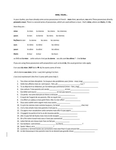 le mien... | Teaching Resources