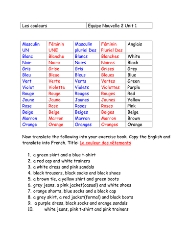 La couleur des vêtements | Teaching Resources