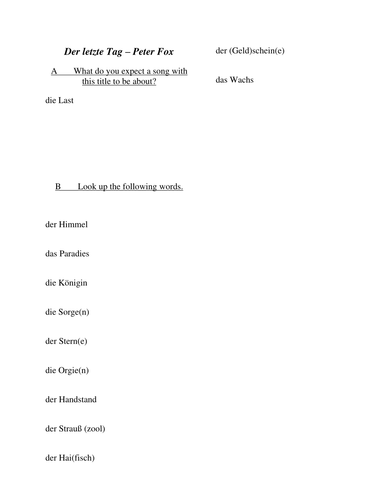Peter Fox Der letzte Tag | Teaching Resources