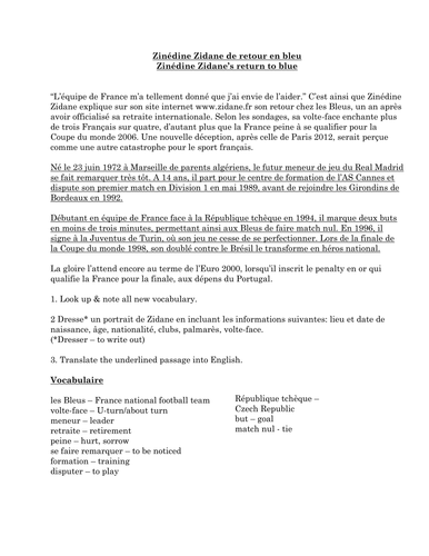 French Reading on Zidane | Teaching Resources
