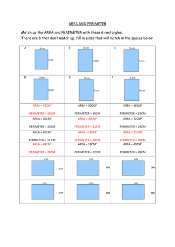 Matching Area & Perimeter of Rectangles | Teaching Resources