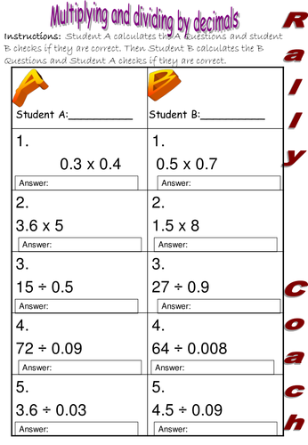 Rally coach multiplying and dividing decimals | Teaching Resources