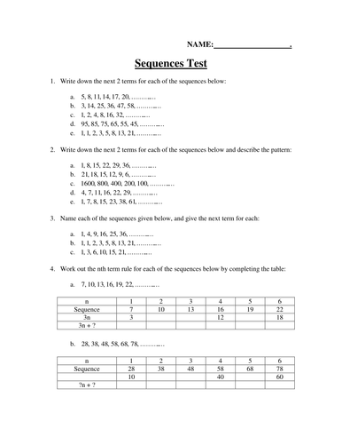 Sequences Test | Teaching Resources