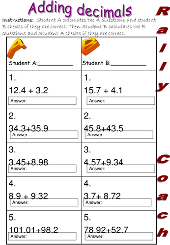 Rally Coach Adding Decimals Activity | Teaching Resources