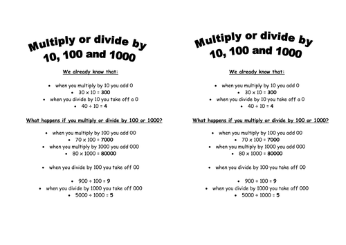 Multiplying and Dividing by 10; 100 and 1000 | Teaching Resources