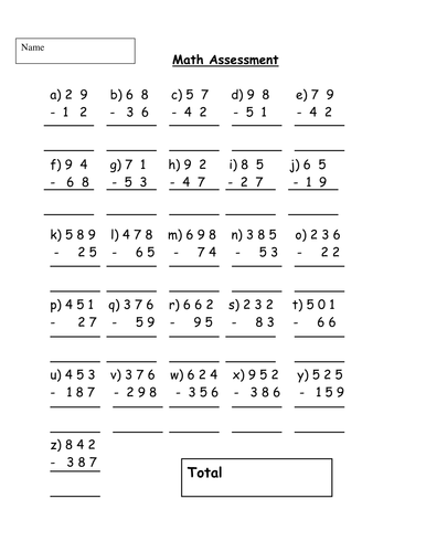 Column subtraction assessment | Teaching Resources