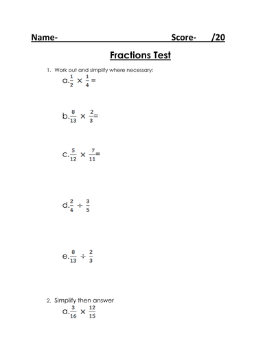 Multiplying and Dividing Fractions Test | Teaching Resources