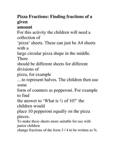 Fractions of pizza activity and problems | Teaching Resources