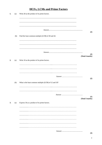 HCF; LCM and Prime Factors Test Questions | Teaching Resources