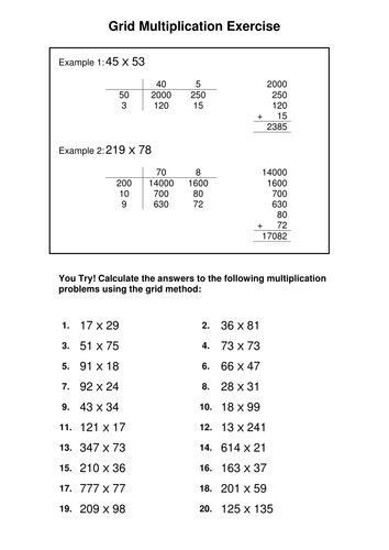 Grid Multiplication Exercise | Teaching Resources