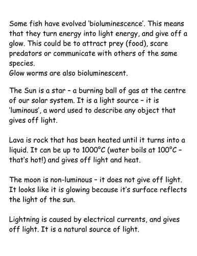 Light information card resources | Teaching Resources