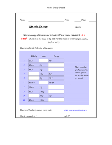 Kinetic Energy - Self Marking | Teaching Resources