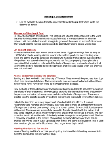 Banting & Best comprehension | Teaching Resources
