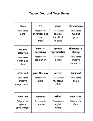 Taboo cards - you and your genes | Teaching Resources