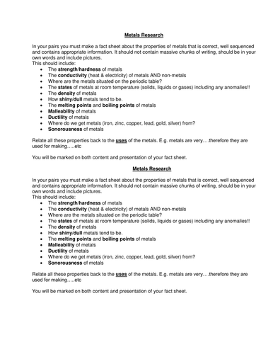 Metals research sheet | Teaching Resources