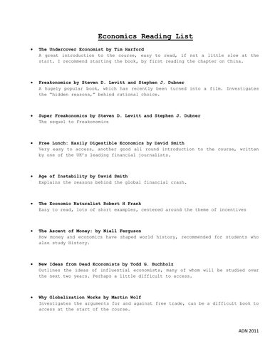 Economics Reading List | Teaching Resources