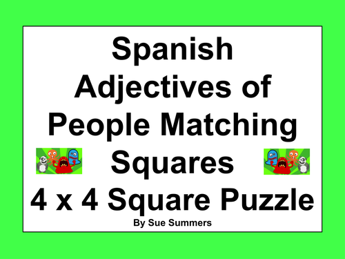 Spanish Adjectives 4 x 4 Matching Squares Puzzle - Los Adjetivos ...