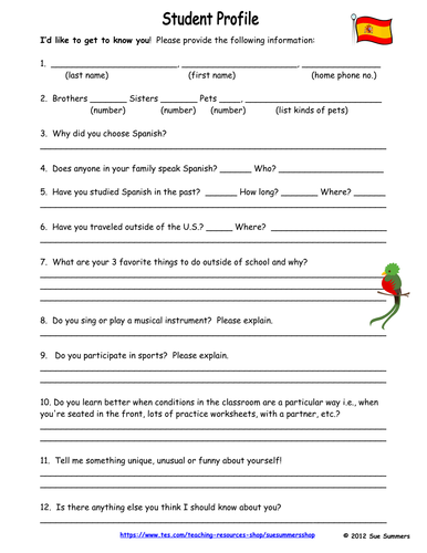 Spanish Class Back to School Student Profile | Teaching Resources