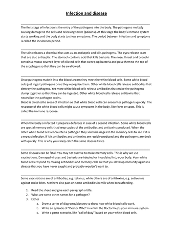 Active reading sheet on Infection and Disease | Teaching Resources