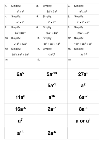Index Laws Match Up Teaching Resources