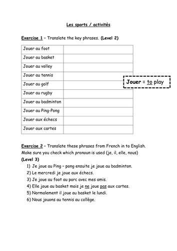 Jouer + sport | Teaching Resources