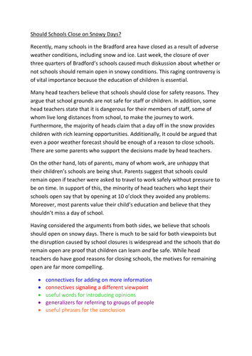 Should Schools Close on Snowy Days? Discussion Text Example | Teaching ...