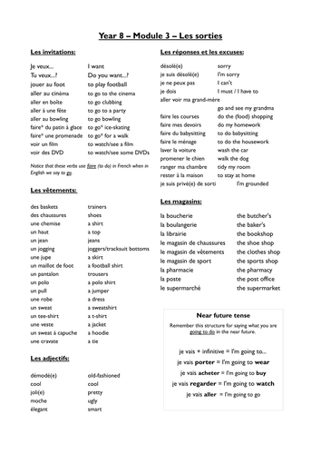 Year 8 - Les sorties (Expo 2, Module 3) | Teaching Resources