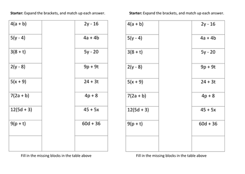 Expanding Quadratic Expressions Match Up by jmcarver1 - Teaching ...