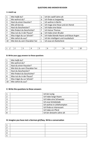 German question and answer revision | Teaching Resources