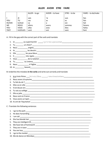 Aller, Avoir, Etre, Faire practice | Teaching Resources
