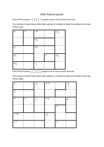 Killer Fractions puzzle (with answers) | Teaching Resources