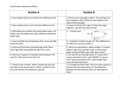 Worded simultaneous equations problems | Teaching Resources Worded simultaneous equations problems | Teaching Resources