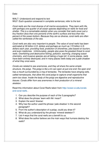 Coral reef comprehension | Teaching Resources