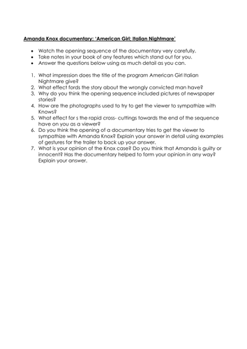 Documentary activity Amanda Knox GCSE/ AS Media | Teaching Resources
