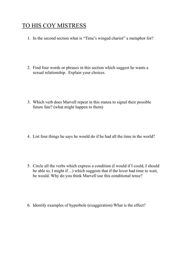 To His Coy Mistress work sheet | Teaching Resources