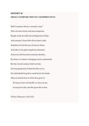 Sonnet 18 Shall I Compare Thee Shakespeare by - UK Teaching Resources - TES