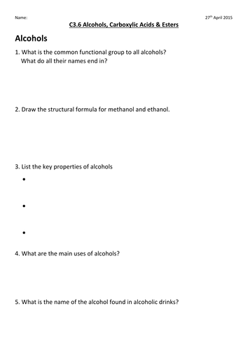 AQA C3.6 Alcohols, Carboxylic Acids and Esters | Teaching Resources