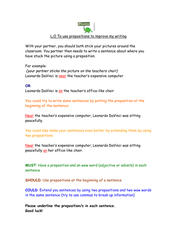 Prepositions to improve writing sentences activity | Teaching Resources