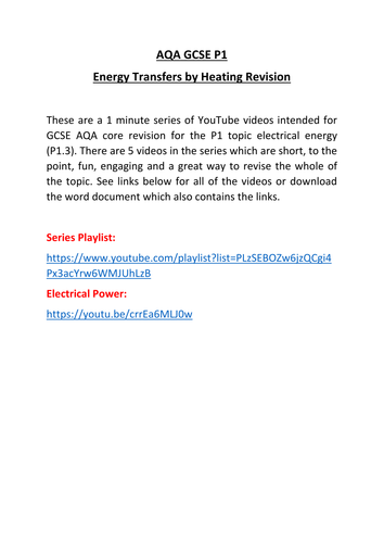 AQA GCSE P1 Electrical Energy Revision | Teaching Resources