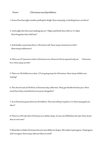 Christmas word problems | Teaching Resources