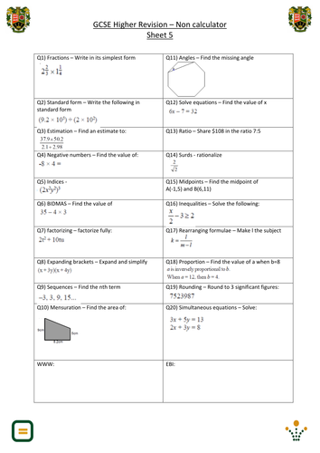 Revision for GCSE higher tier Math | Teaching Resources