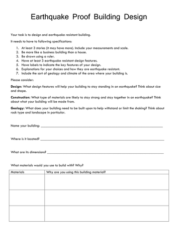 Earthquake proof research and design outline of activities | Teaching ...