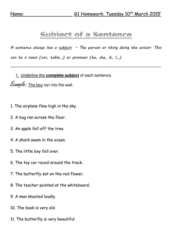 Grammar - Subject of Sentence | Teaching Resources