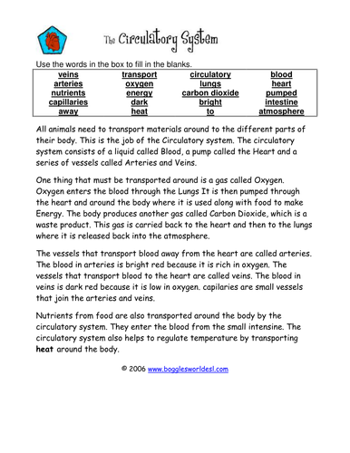 The heart and circulatory system cloze procedure by carlfarrant88 ...
