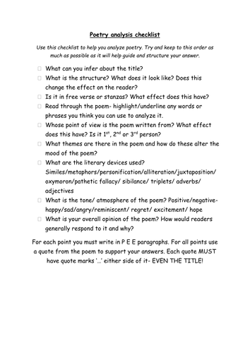 Poetry analysis checklist | Teaching Resources